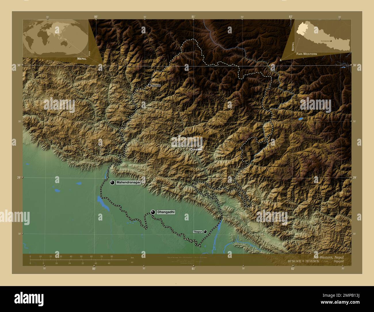 Far-Western, development region of Nepal. Colored elevation map with ...