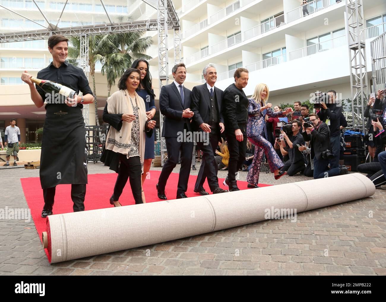 Meher Tatna, from left, Simone Garcia Johnson, Seth Meyers, Allen ...