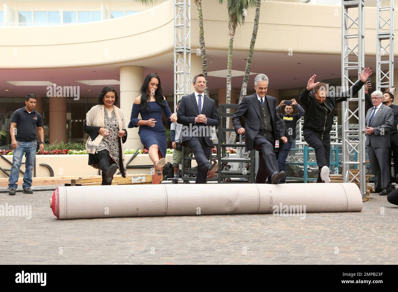 Meher Tatna, from left, Simone Garcia Johnson, Seth Meyers, Allen ...