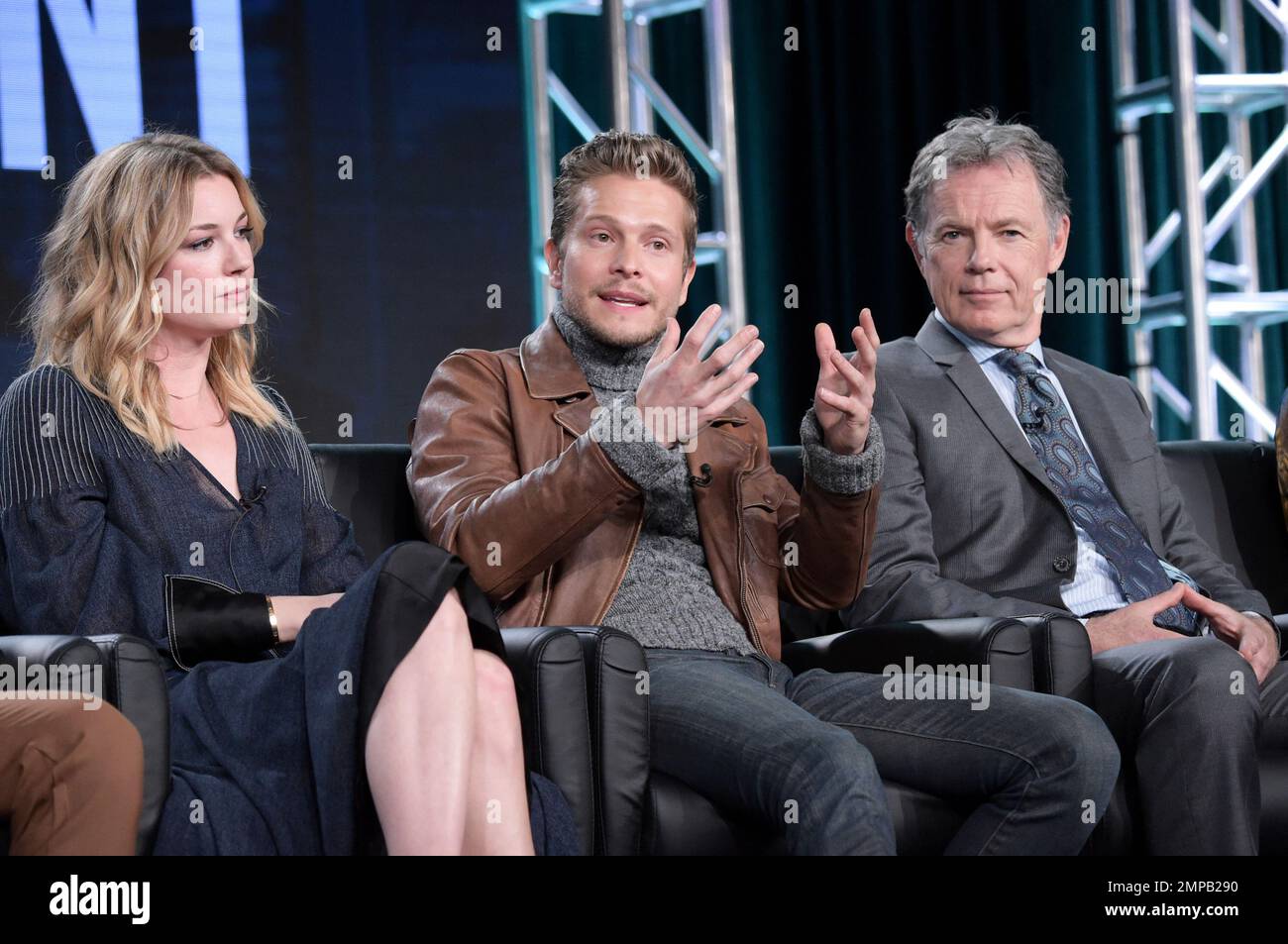Emily VanCamp, from left, Matt Czuchry and Bruce Greenwood participate ...
