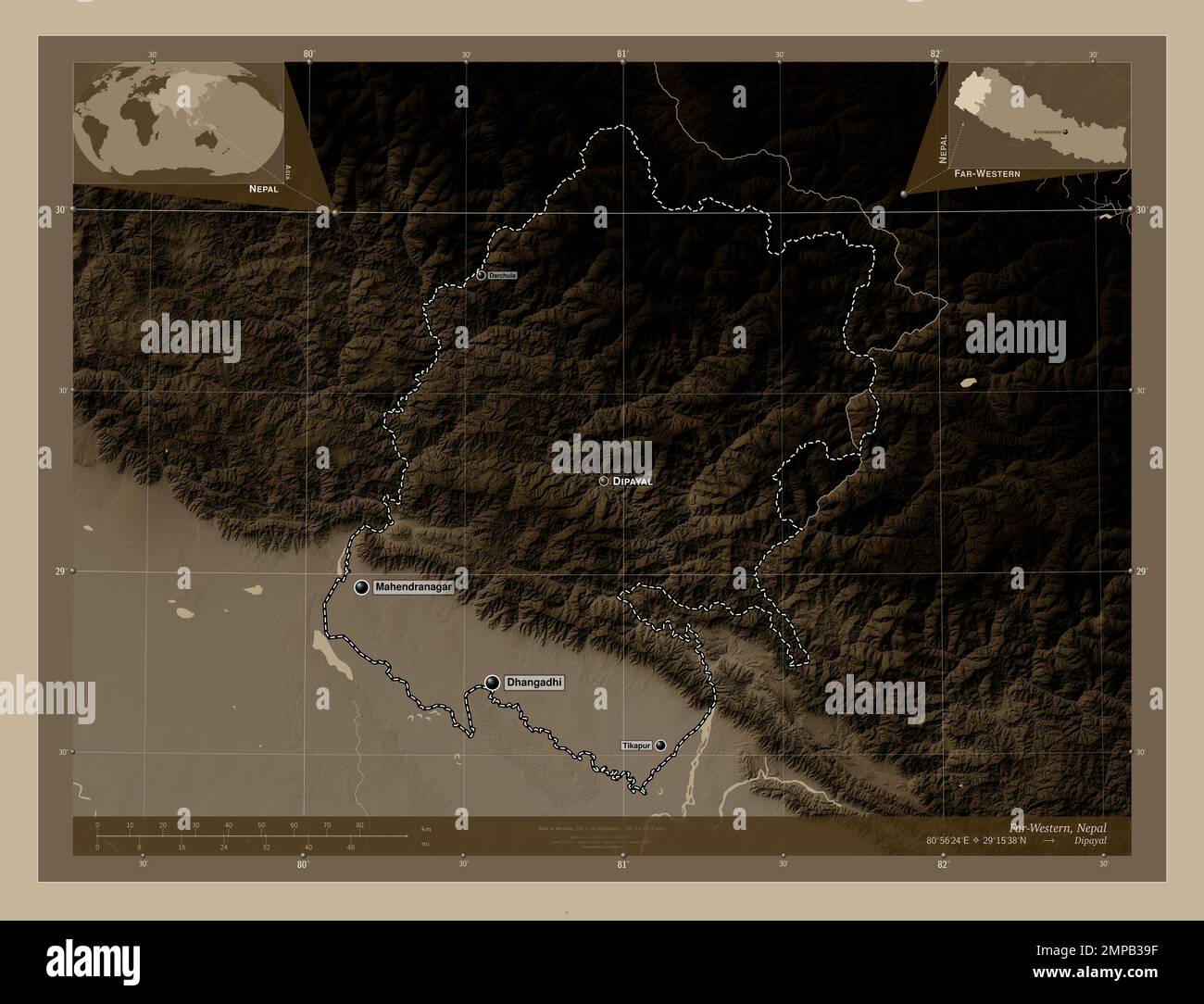 Far-Western, development region of Nepal. Elevation map colored in ...
