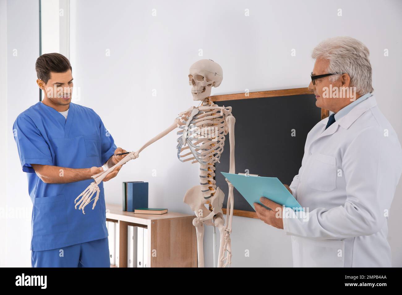 Medical student and professor studying human skeleton anatomy in ...