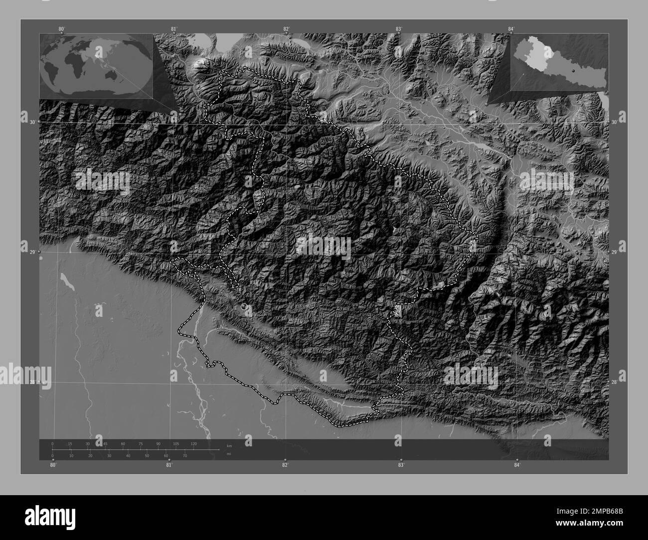 Mid-Western, development region of Nepal. Bilevel elevation map with ...