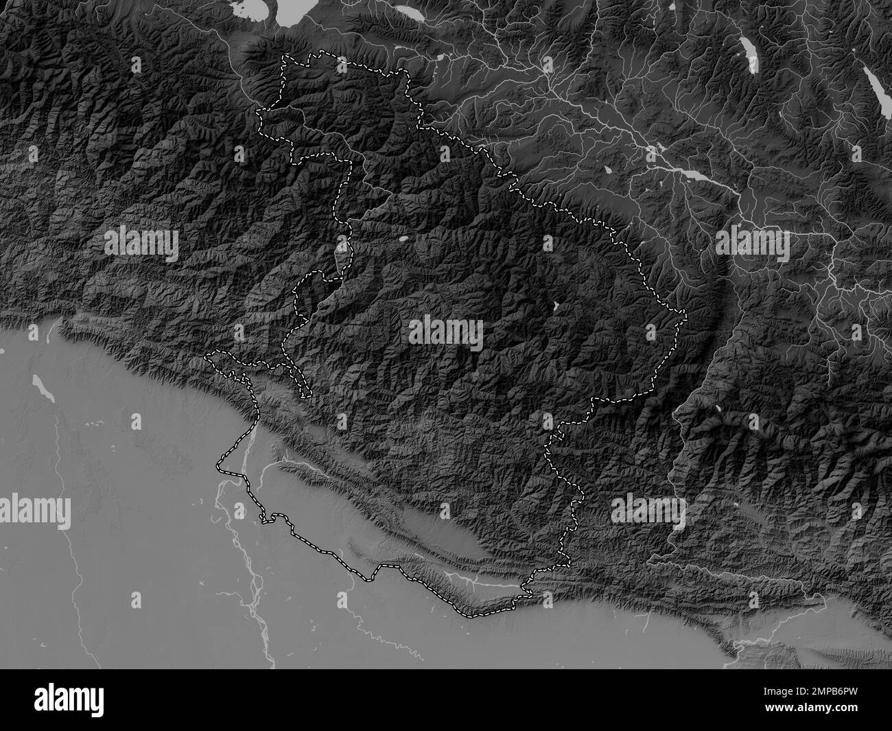 Mid-Western, development region of Nepal. Grayscale elevation map with ...