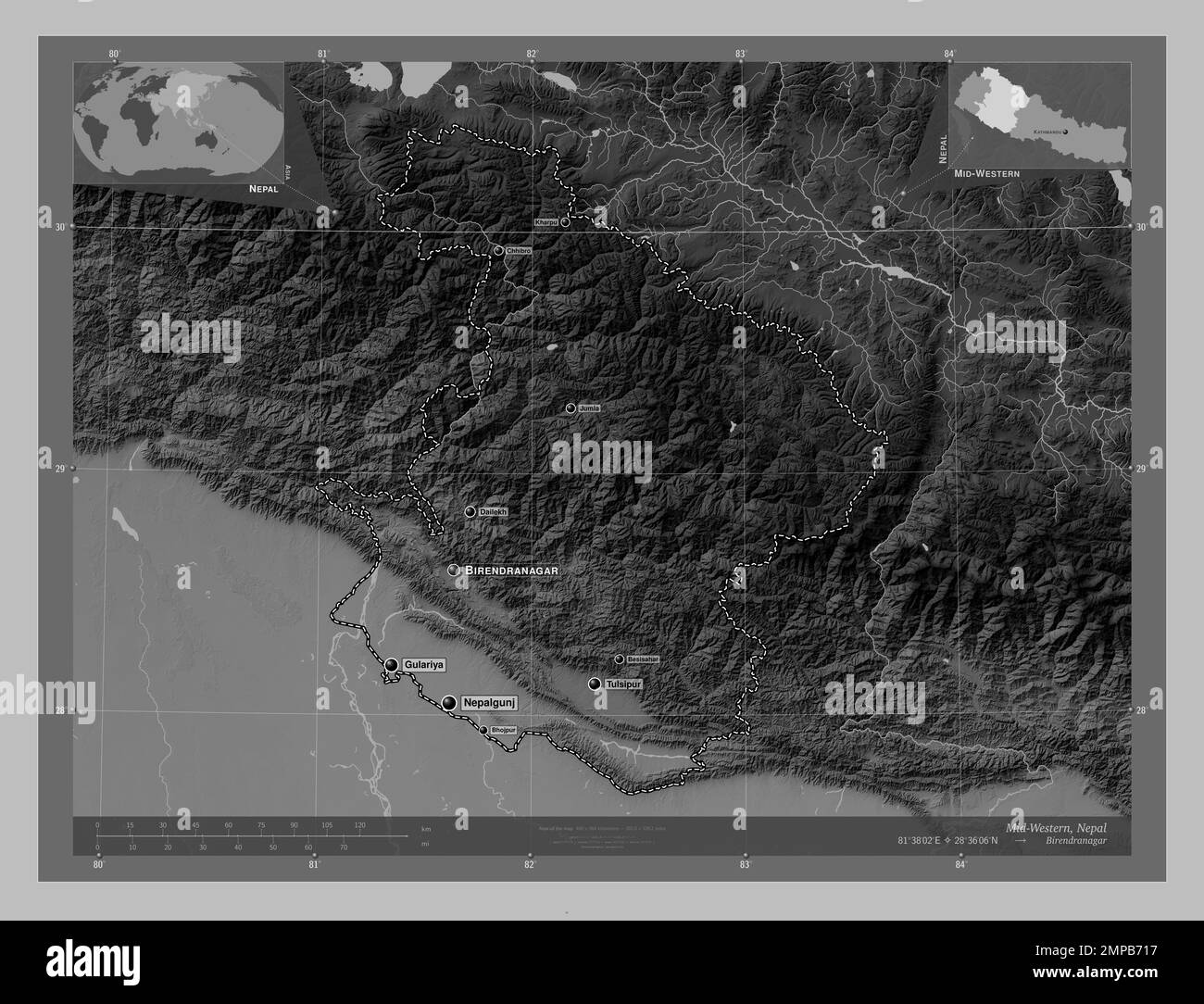 Mid-Western, development region of Nepal. Grayscale elevation map with ...