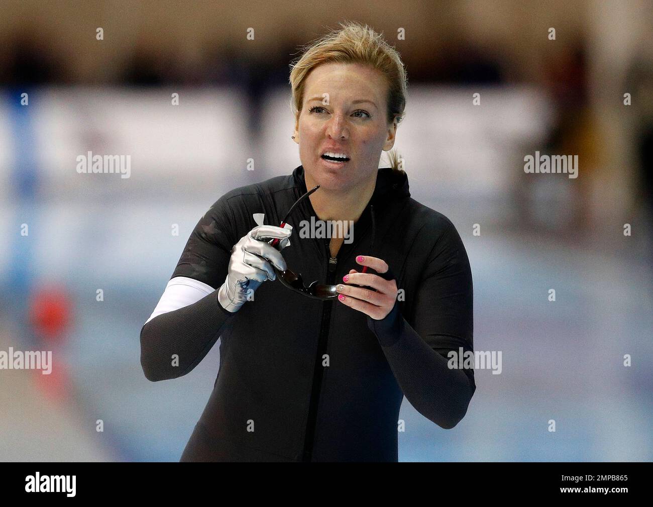 Kelly Gunther reacts after competing in the women's 1,000 meters during ...