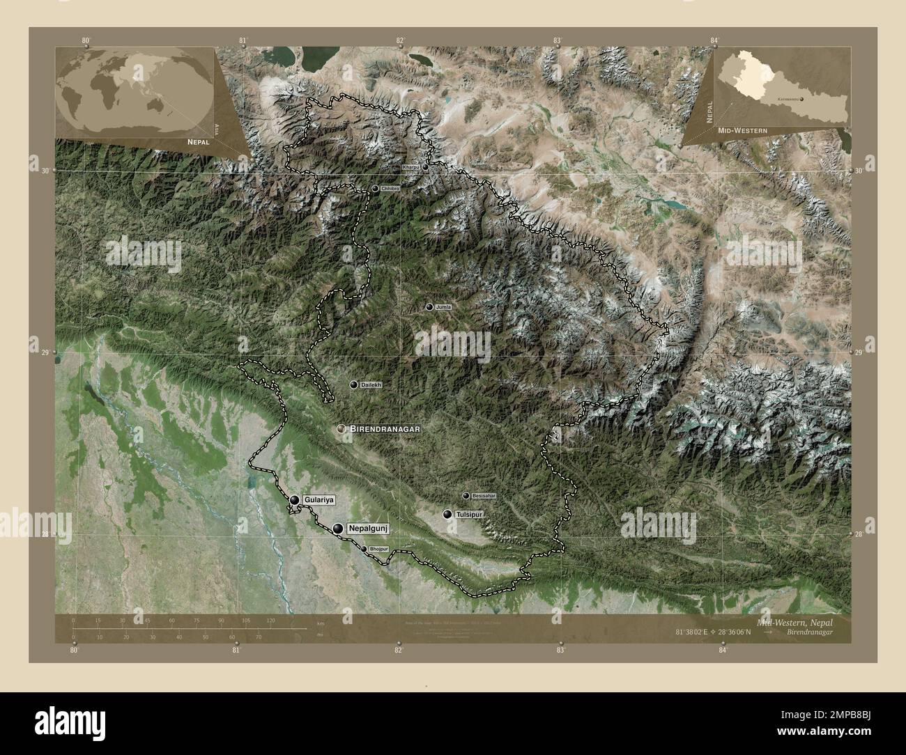 Mid-Western, development region of Nepal. High resolution satellite map ...