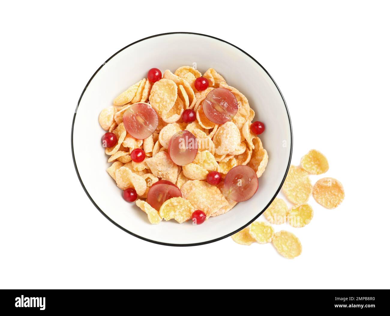 Corn flakes with berries on white background, top view. Healthy ...