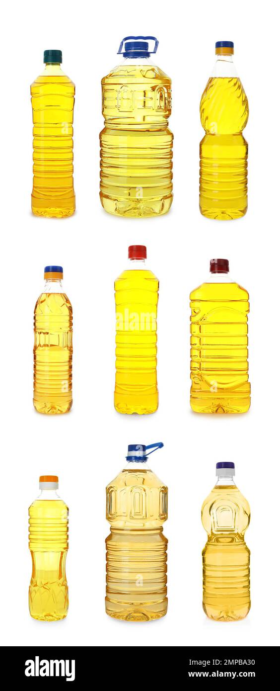 Set of bottles with cooking oil on white background Stock Photo - Alamy