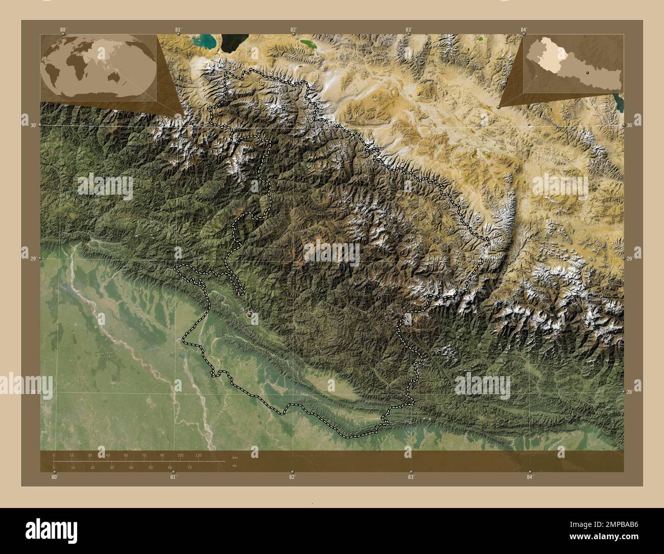 Mid-Western, development region of Nepal. Low resolution satellite map ...