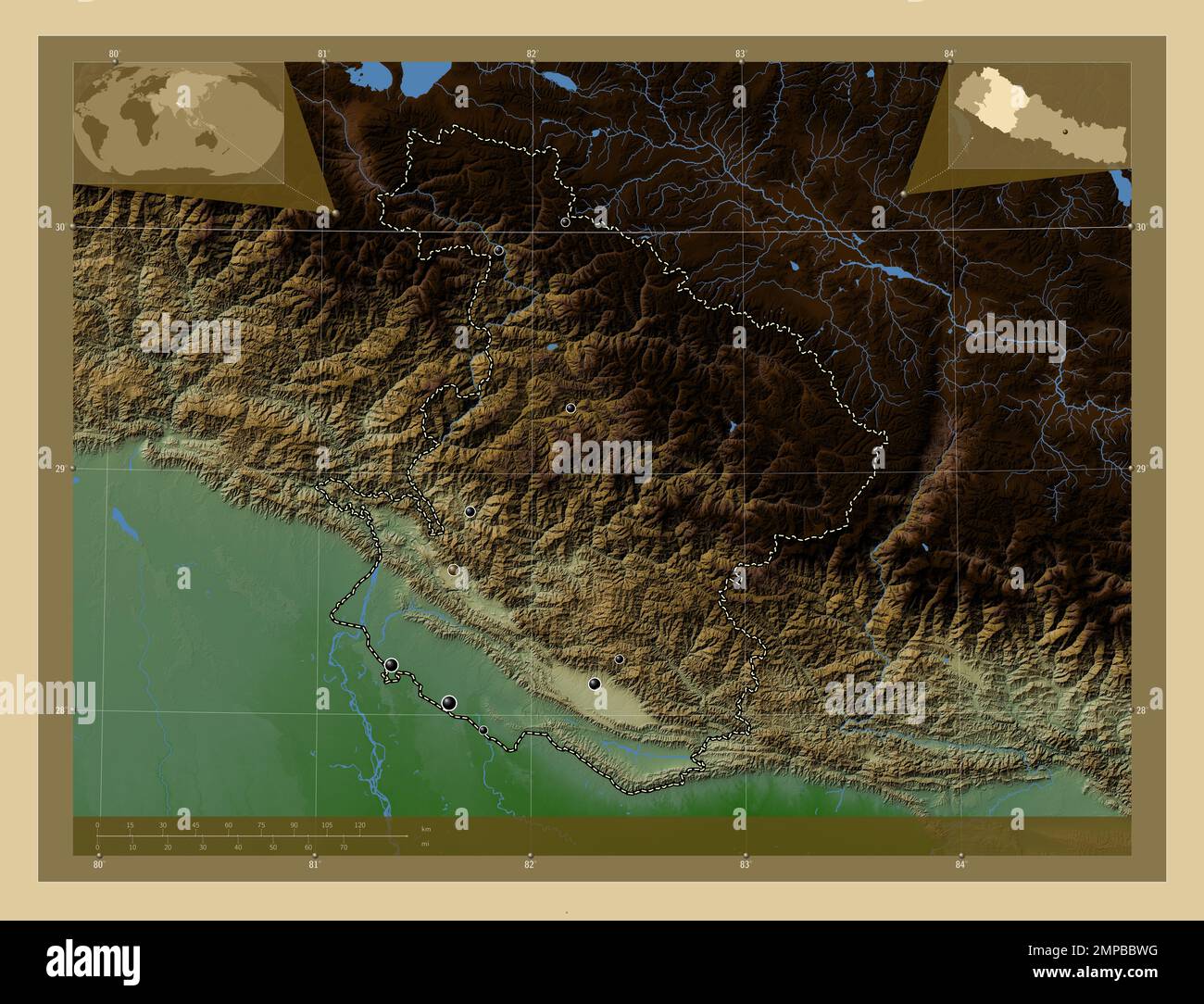 Mid-Western, development region of Nepal. Colored elevation map with ...