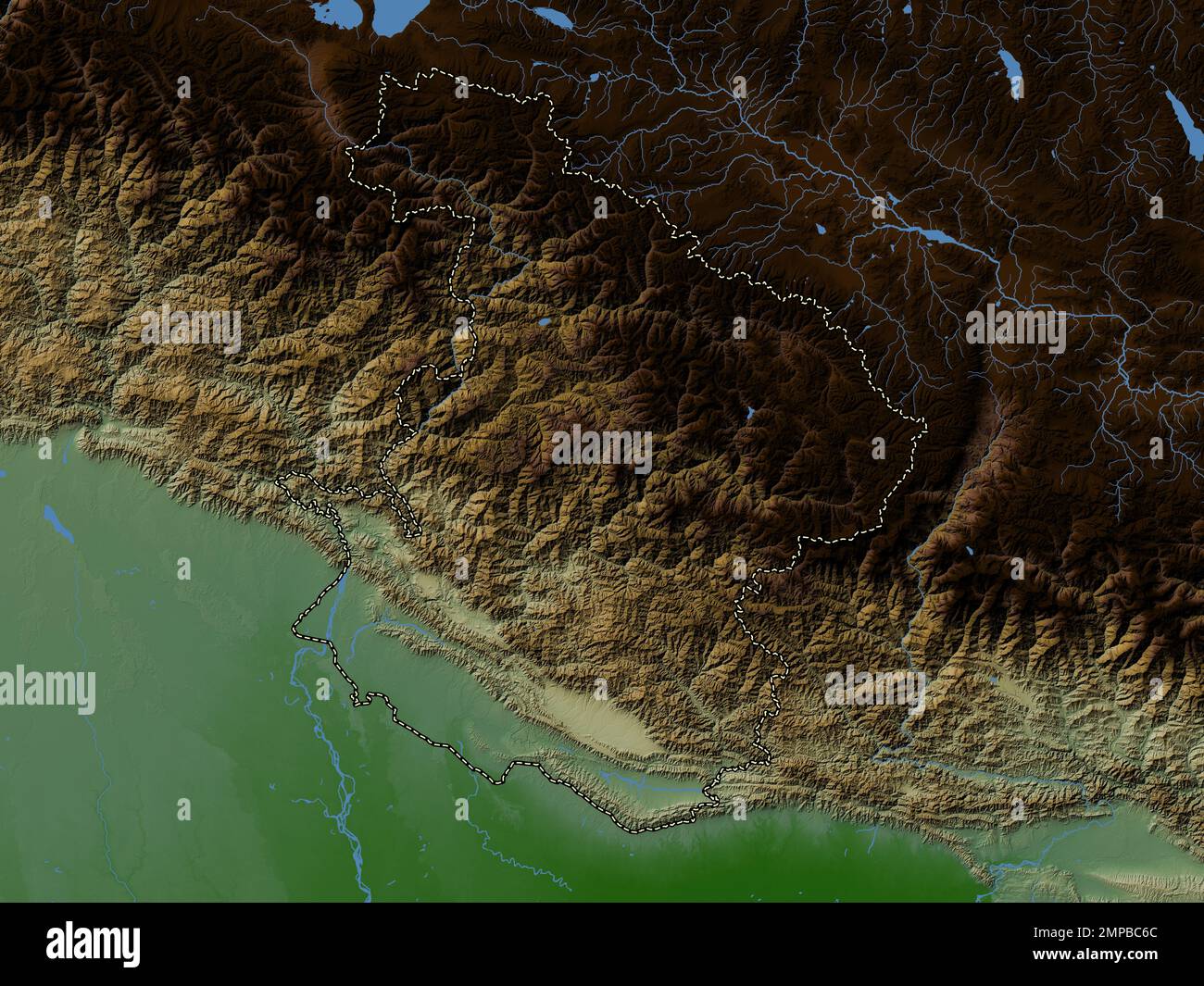 Mid-Western, development region of Nepal. Colored elevation map with ...