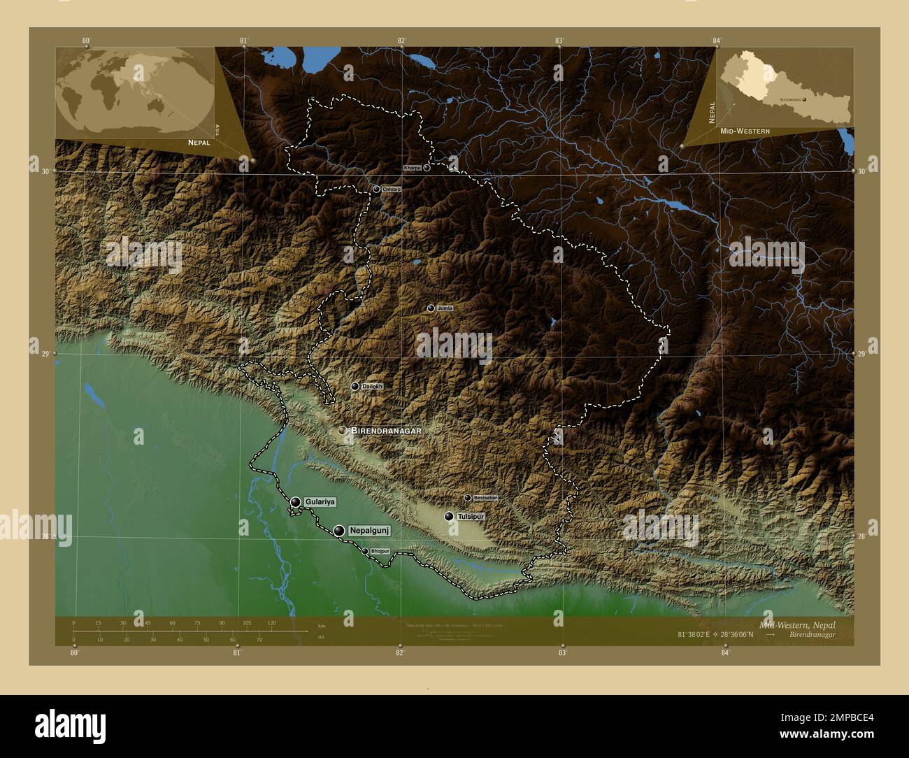 Mid-Western, development region of Nepal. Colored elevation map with ...