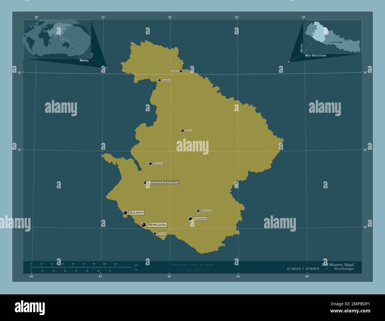 Mid-Western, development region of Nepal. Solid color shape. Locations ...