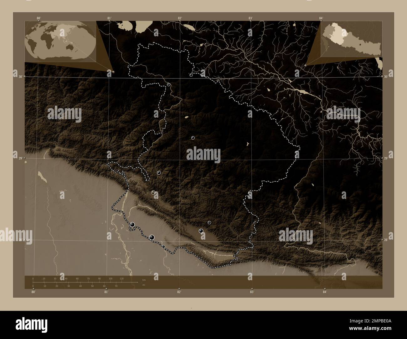 Mid-Western, development region of Nepal. Elevation map colored in ...