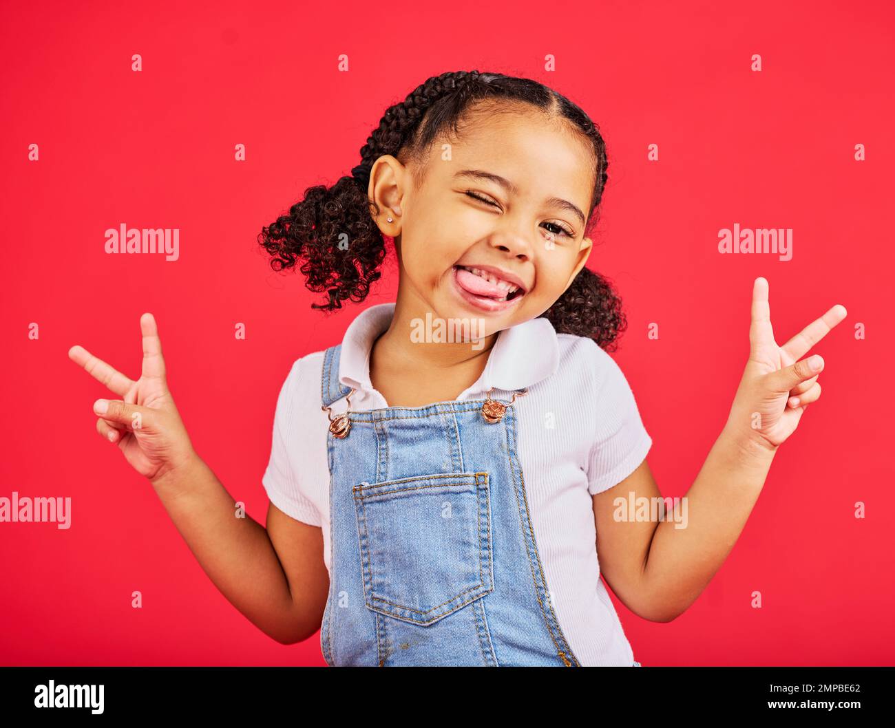 Happy, peace sign and wink with portrait of girl for summer, happiness ...