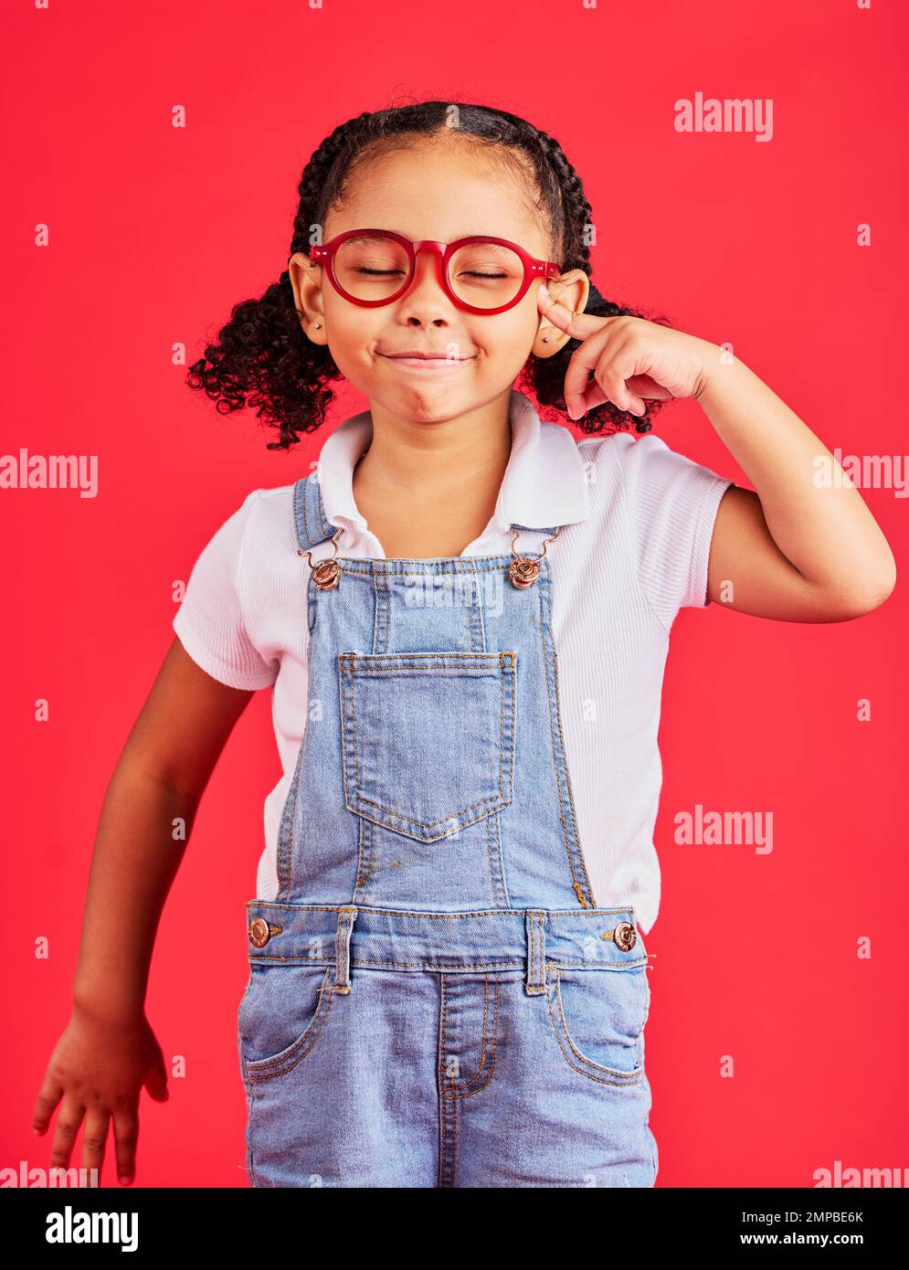 Vision, glasses and portrait of child thinking with eyes closed and ...