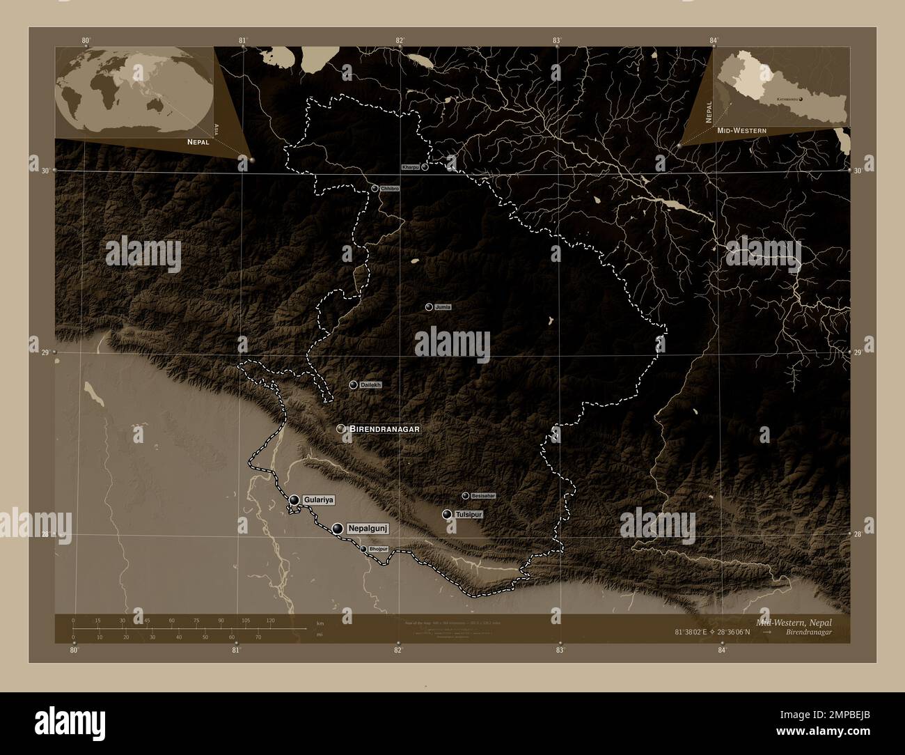 Mid-Western, development region of Nepal. Elevation map colored in ...