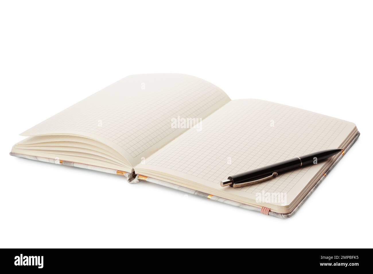 Stylish open notebook and pen isolated on white Stock Photo - Alamy