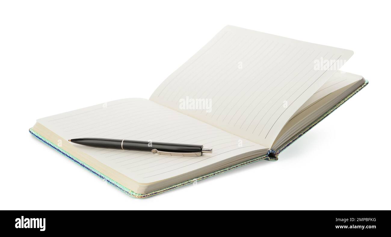 Stylish open notebook and pen isolated on white Stock Photo - Alamy
