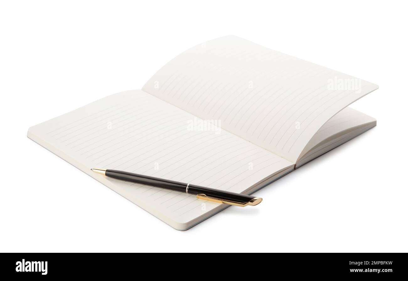 Stylish open notebook and pen isolated on white Stock Photo - Alamy