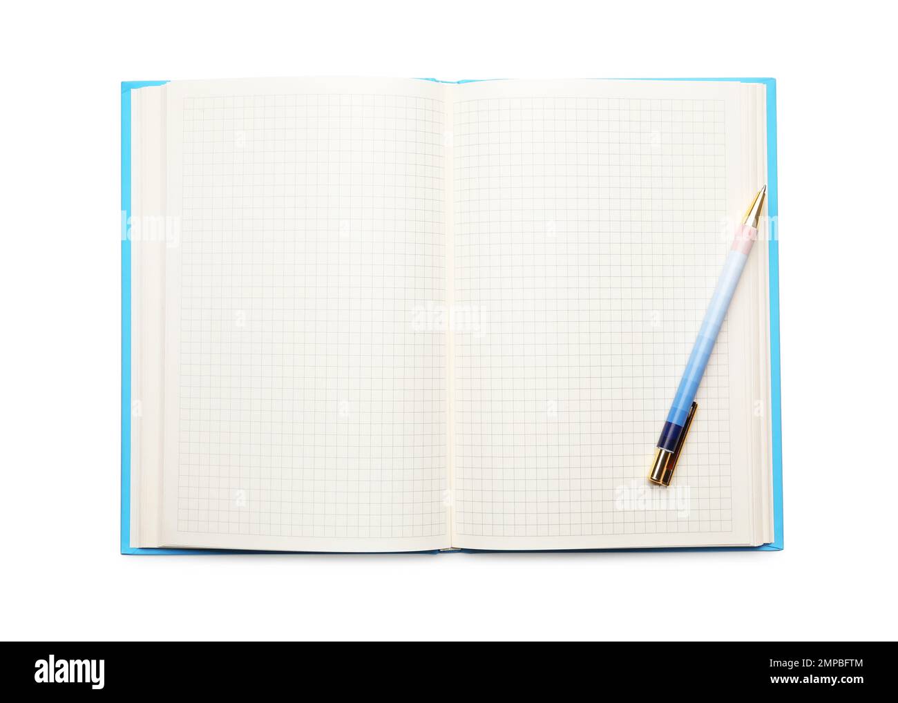 Open empty notebook and pen isolated on white, top view Stock Photo - Alamy