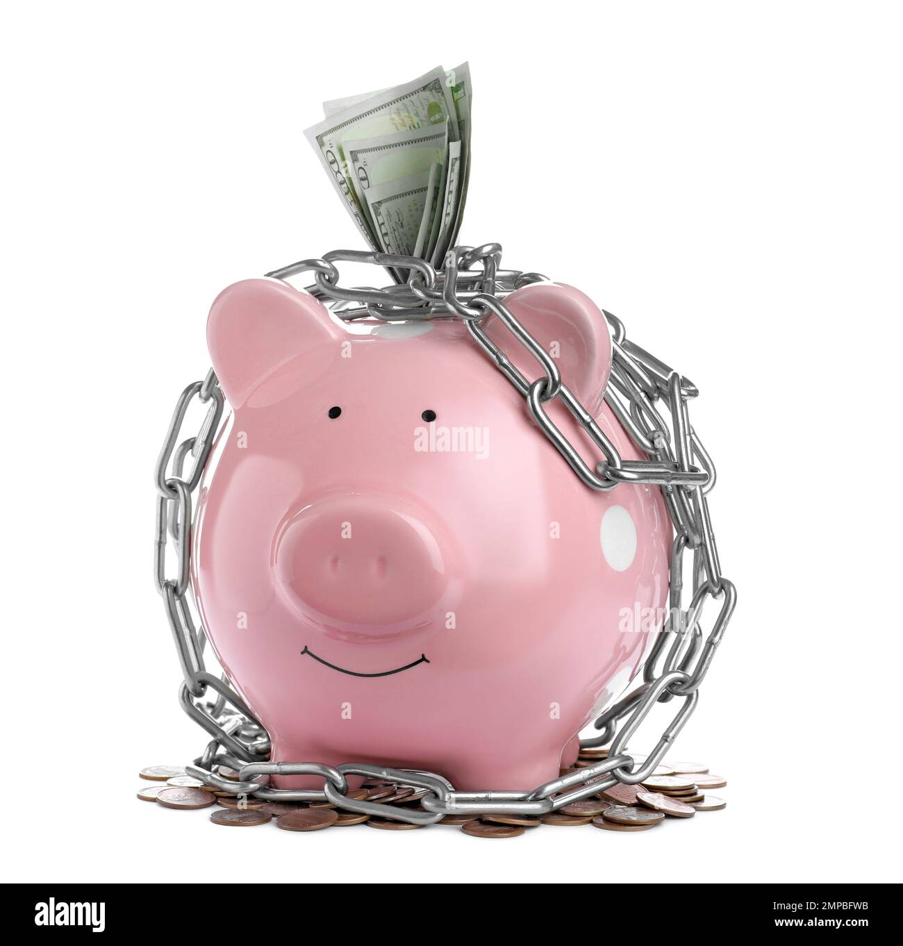 Piggy bank with steel chain and banknotes isolated on white. Money ...