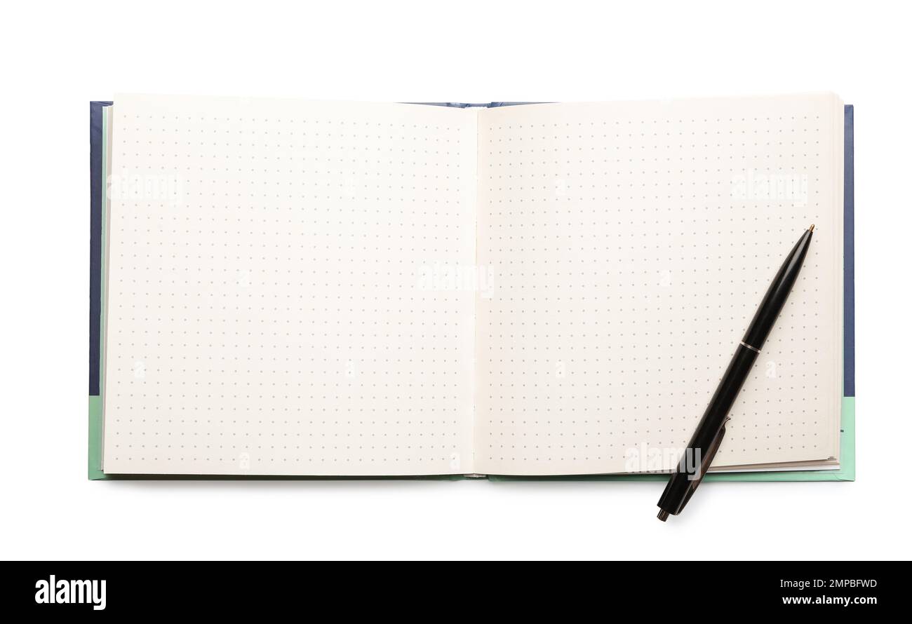 Open empty notebook and pen isolated on white, top view Stock Photo - Alamy