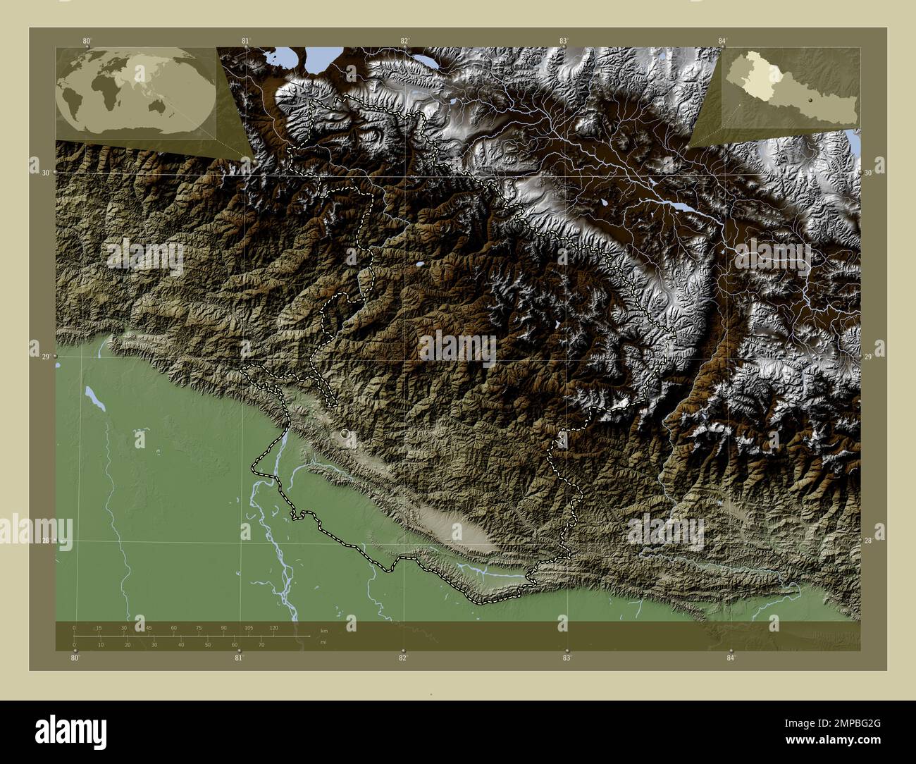 Mid-Western, development region of Nepal. Elevation map colored in wiki ...