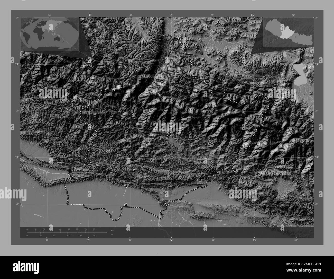 West, development region of Nepal. Bilevel elevation map with lakes and ...