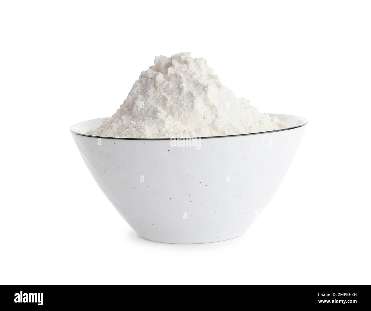 Organic flour in ceramic bowl isolated on white Stock Photo - Alamy