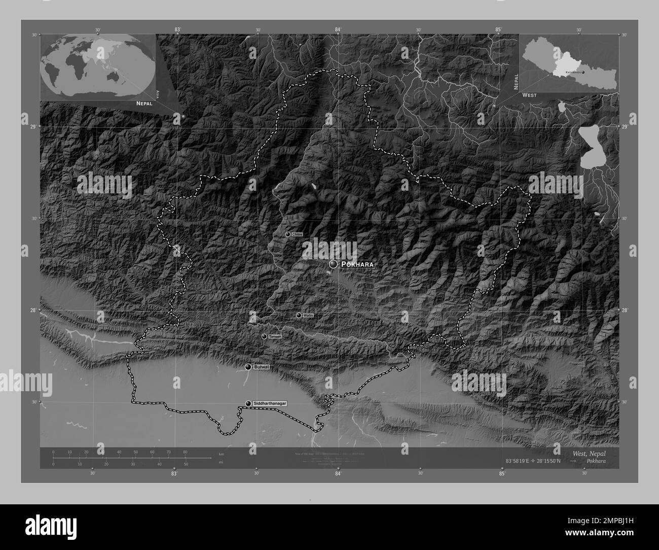 West, development region of Nepal. Grayscale elevation map with lakes ...