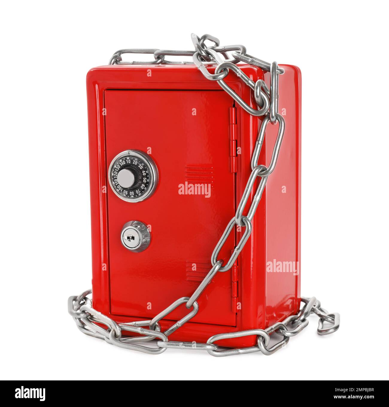 Red steel safe with chain isolated on white Stock Photo - Alamy