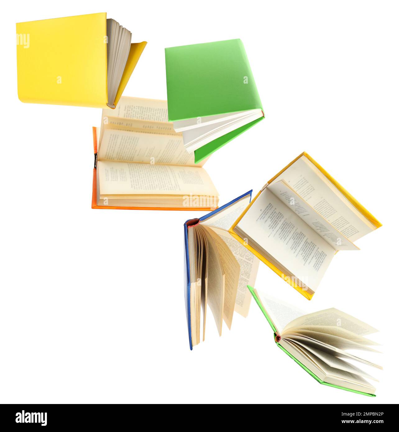 Colorful hardcover books flying on white background Stock Photo - Alamy