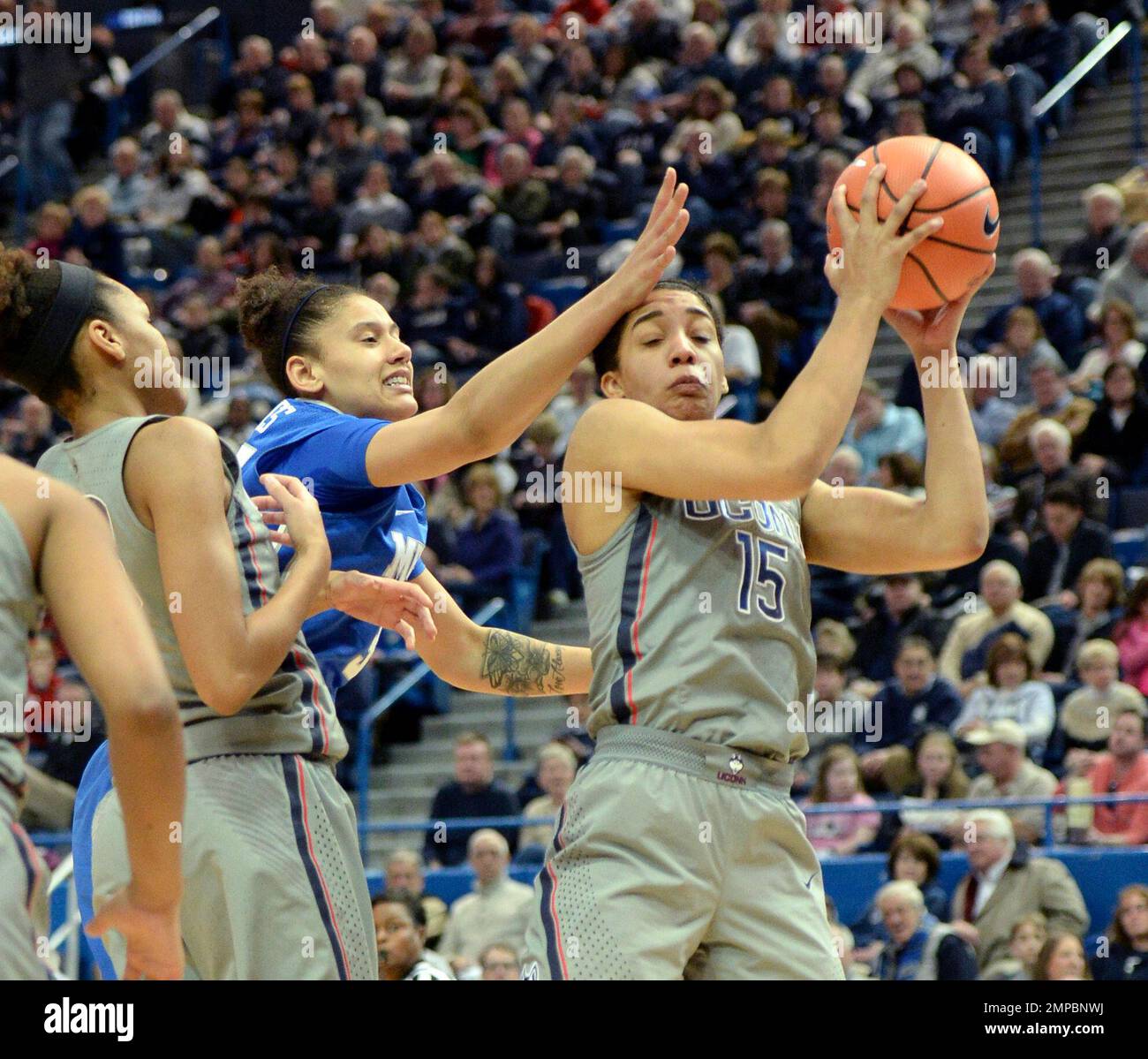 Connecticut's Gabby Williams (15) is guarded by Memphis' Jasmine James ...