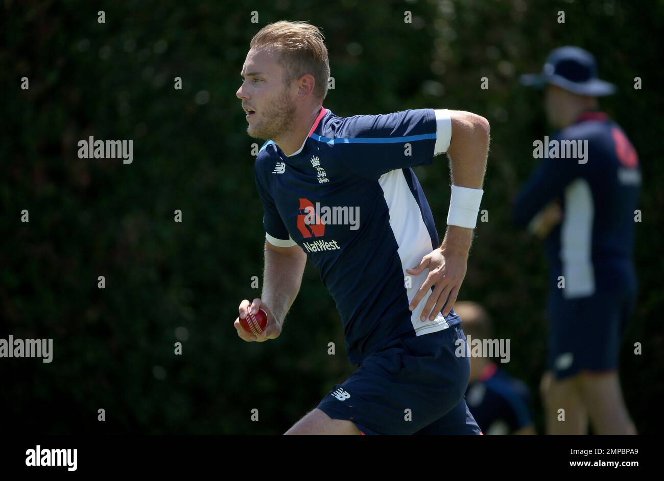 England's Stuart Broad bowls in the nets during training for their ...