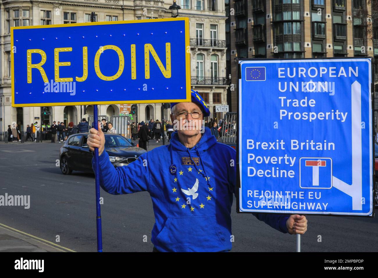 London, UK. 31st Jan, 2023. A protester with rejoin message. Today ...