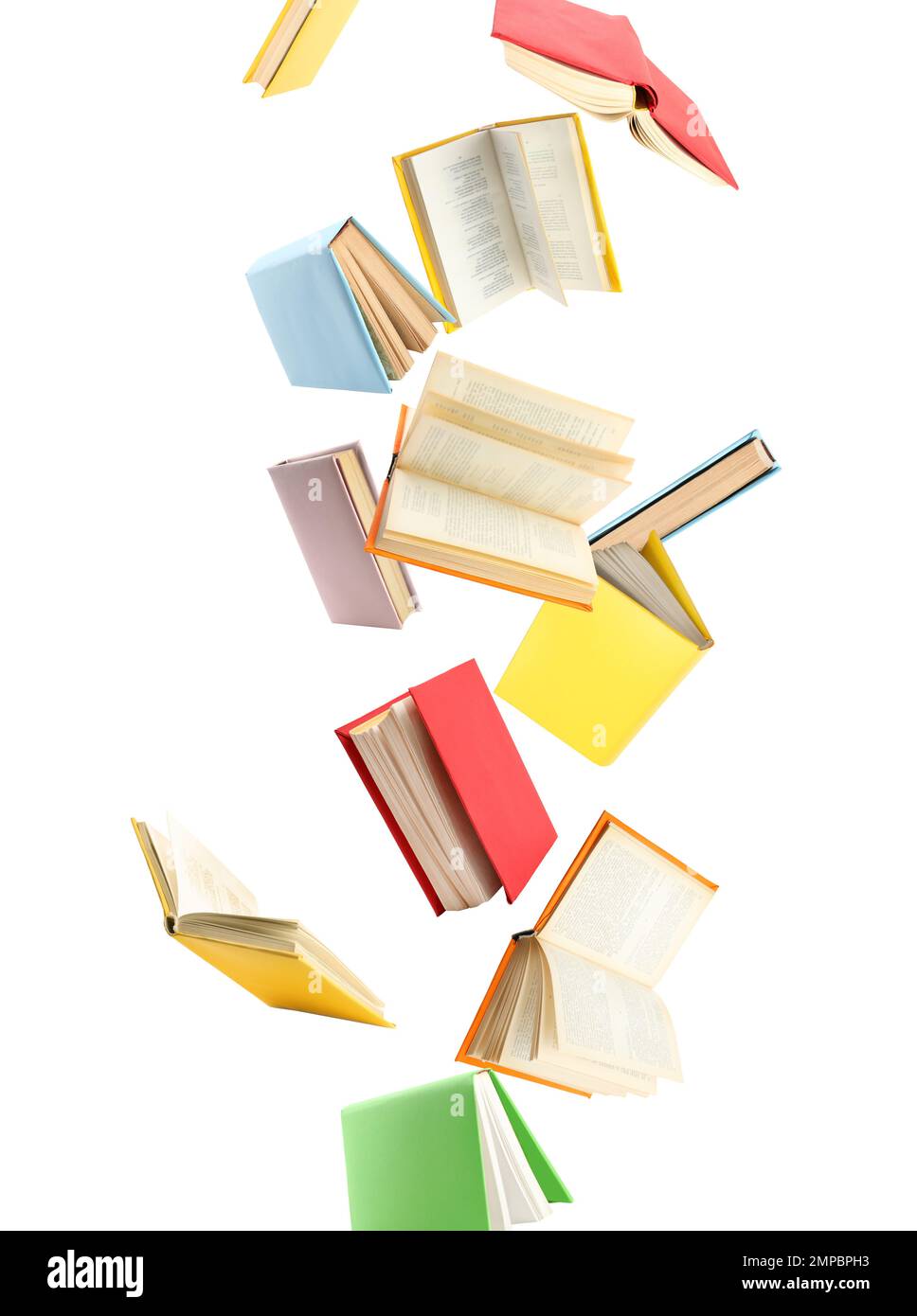 Colorful hardcover books flying on white background Stock Photo - Alamy