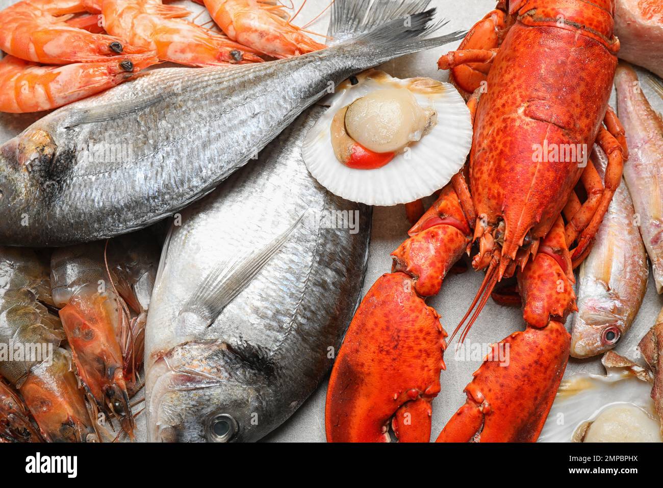 Fresh fish and seafood on marble table Stock Photo - Alamy