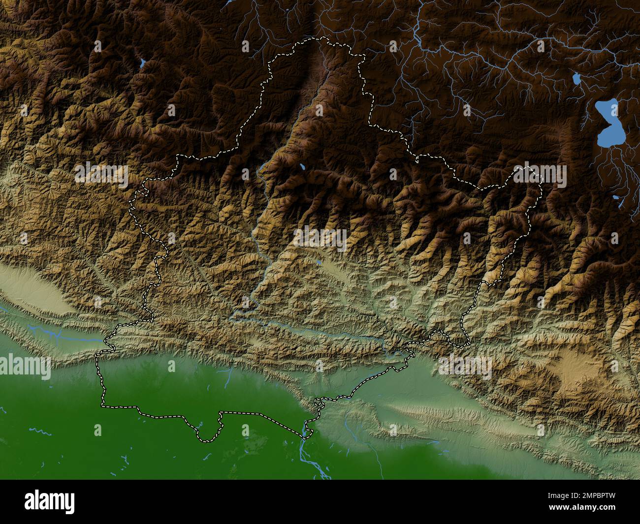 West, development region of Nepal. Colored elevation map with lakes and ...