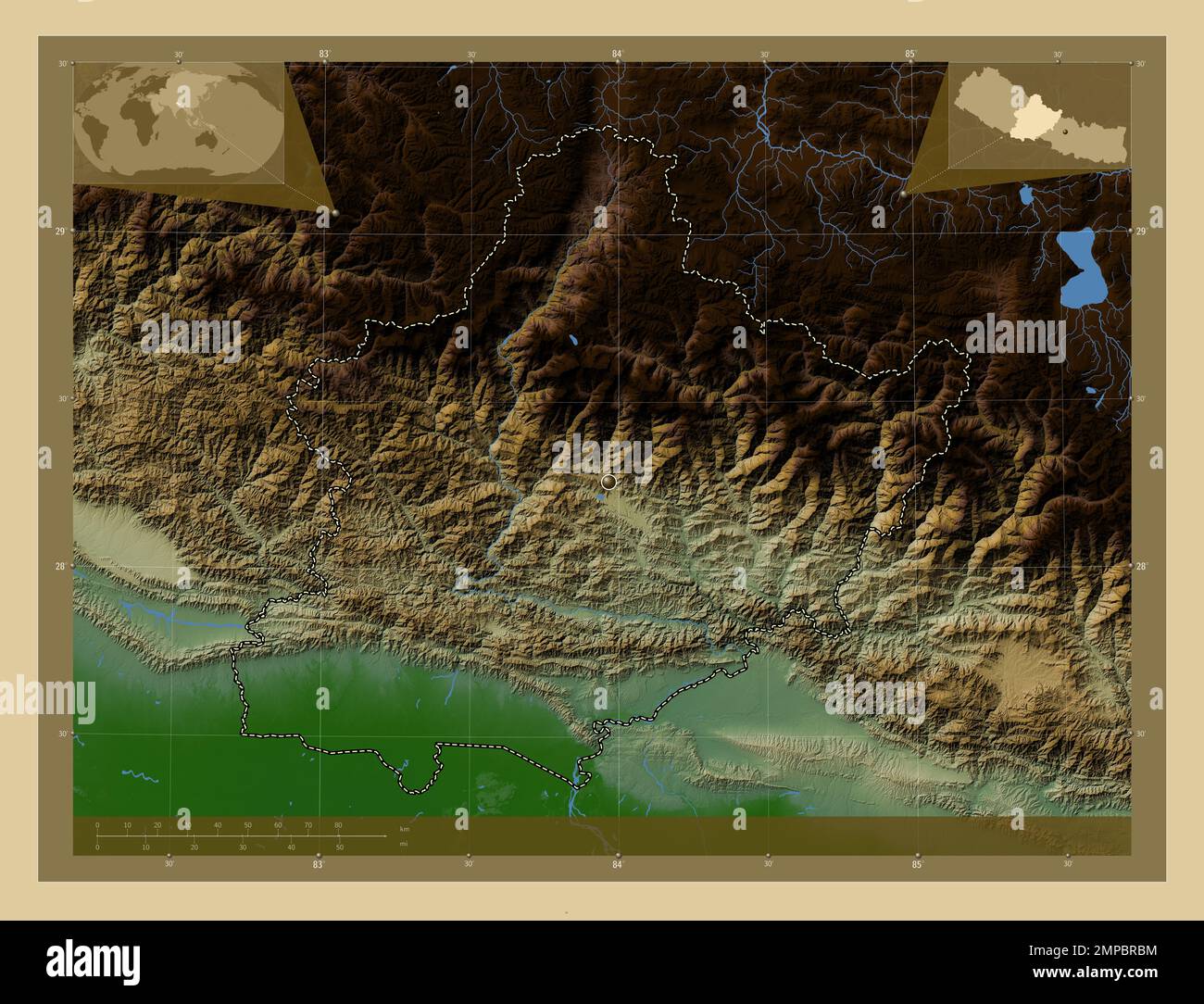 West, development region of Nepal. Colored elevation map with lakes and ...