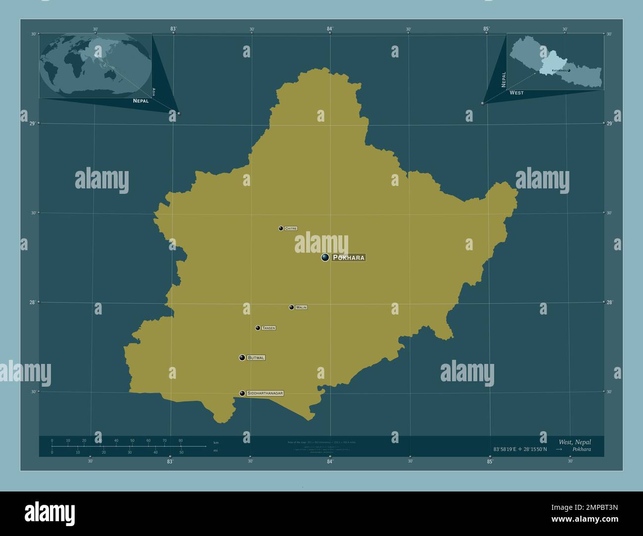 West, development region of Nepal. Solid color shape. Locations and ...