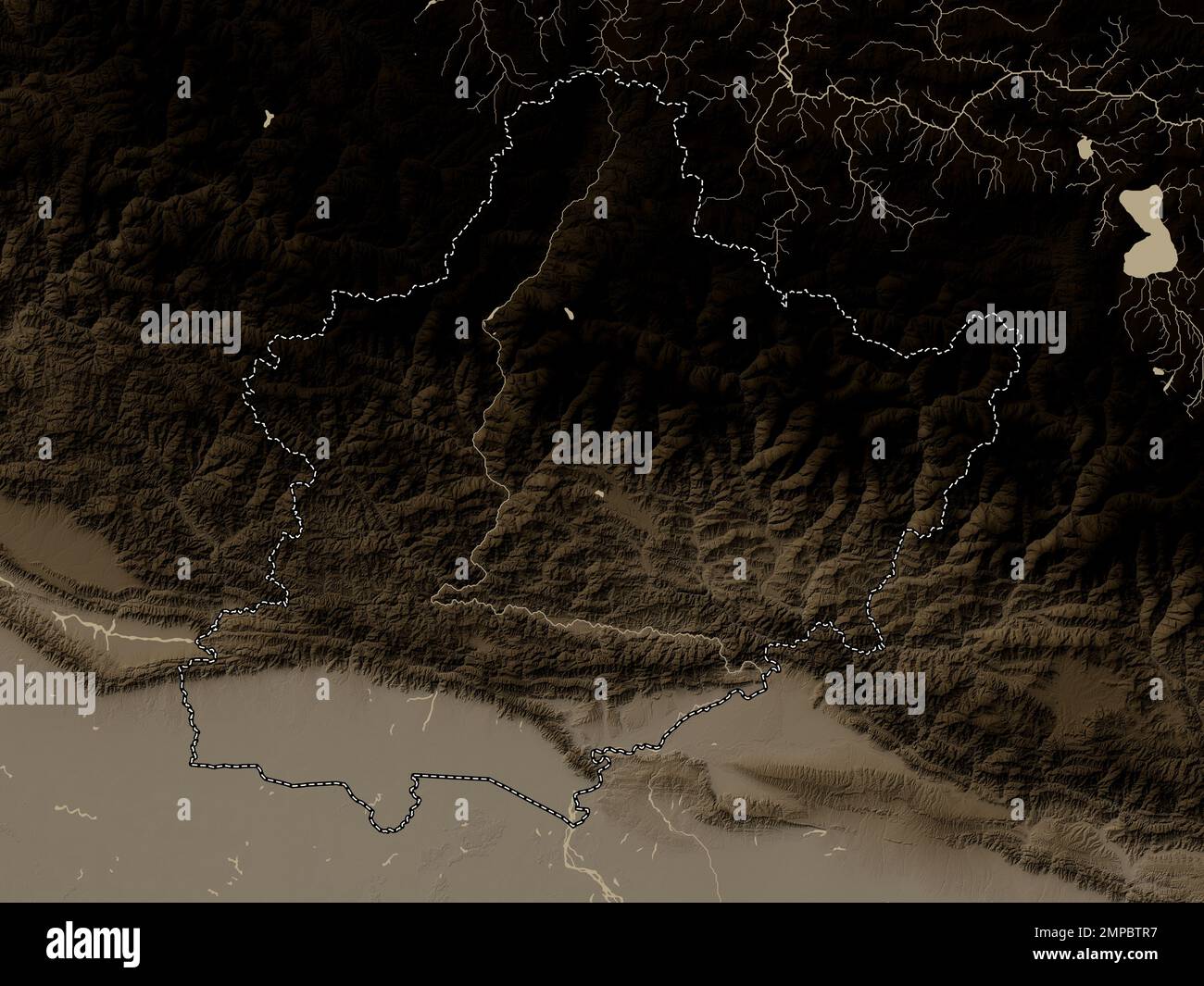 West, development region of Nepal. Elevation map colored in sepia tones ...