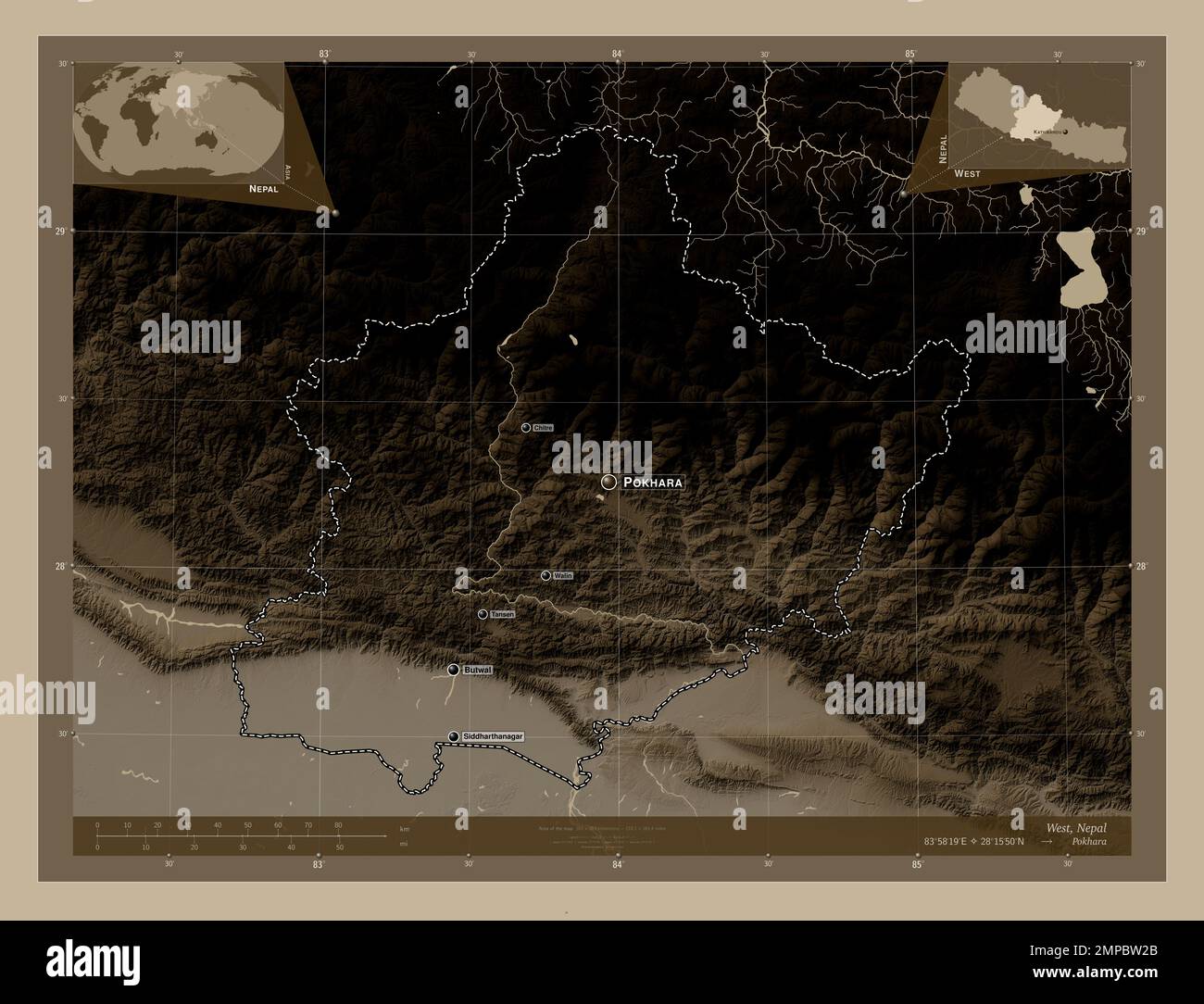 West, development region of Nepal. Elevation map colored in sepia tones ...