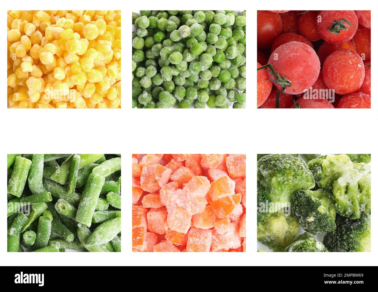 Collage with different frozen vegetables on white background, top view ...