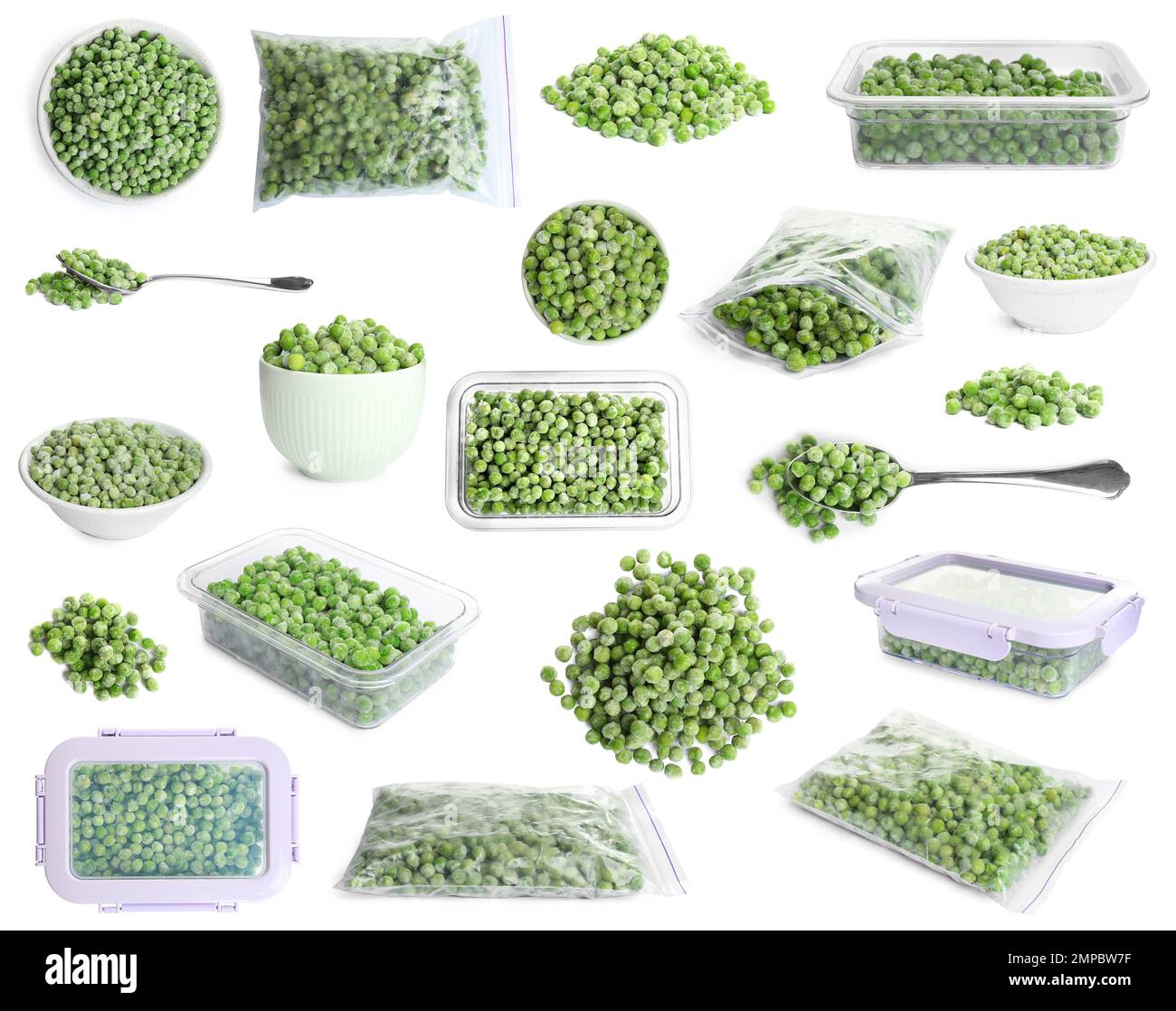 Set of frozen peas on white background. Vegetable preservation Stock ...