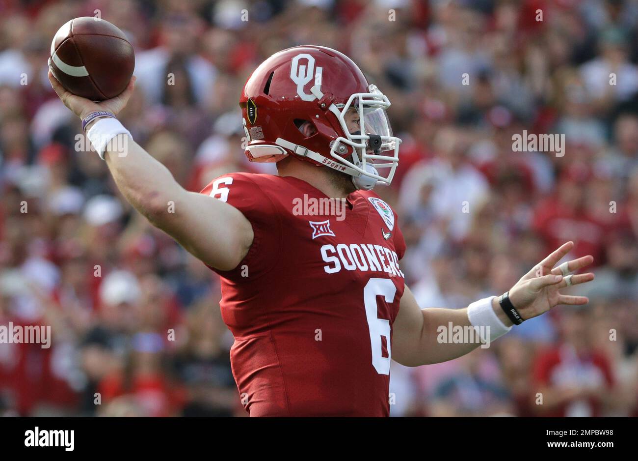 Oklahoma quarterback Baker Mayfield passes against Georgia during the first half of the Rose ...