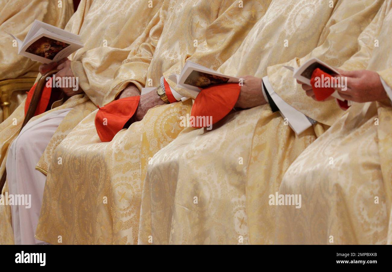 Cardinals hold their berets as they attend a new year's Mass celebrated ...