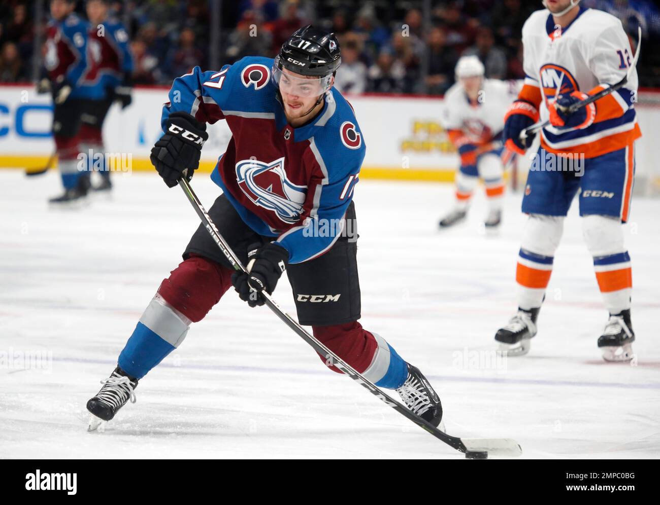 Colorado Avalanche center Tyson Jost shoots the puck against the New ...