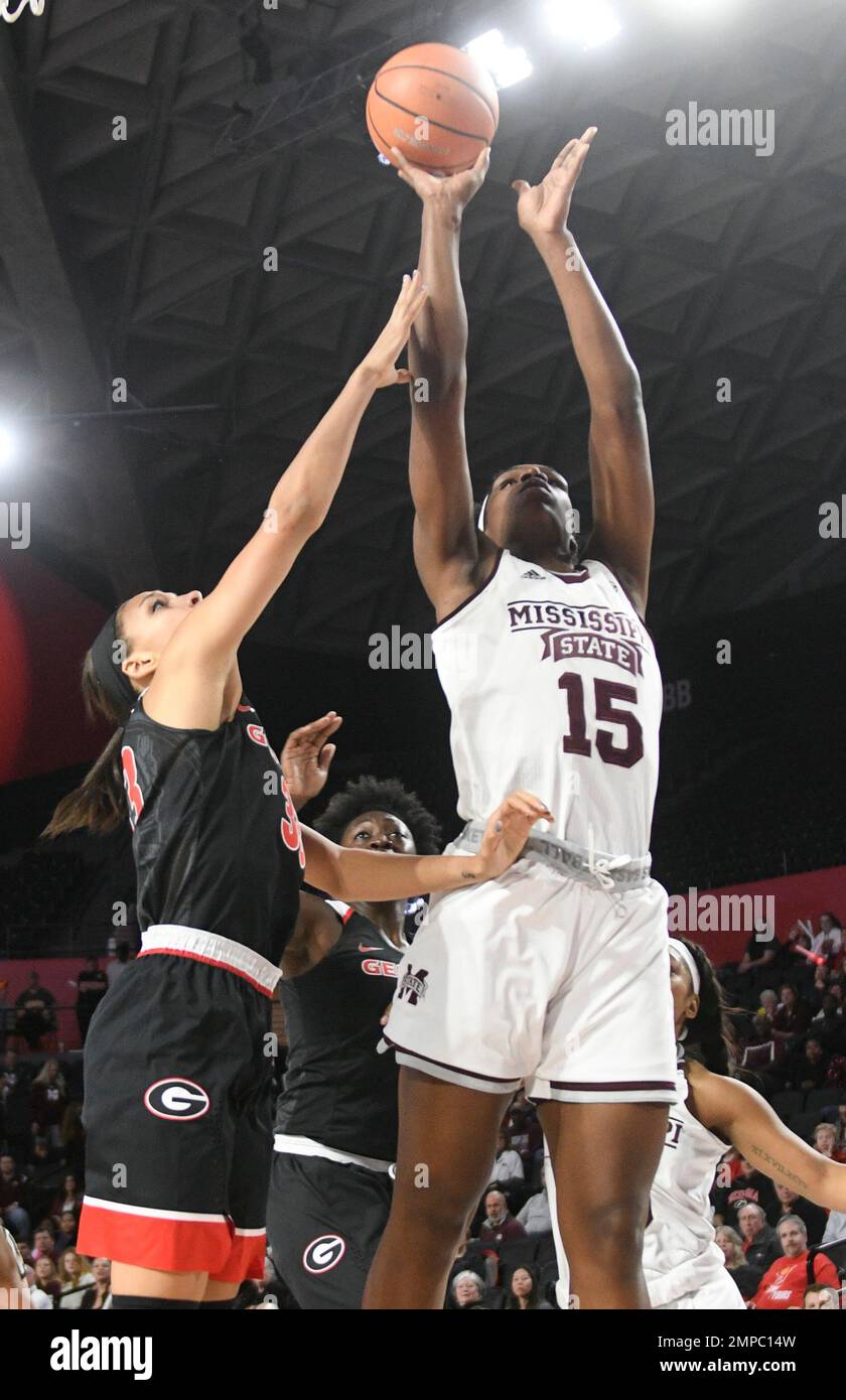 Mississippi State center Teaira McCowan (15) shoots as Georgia forward ...